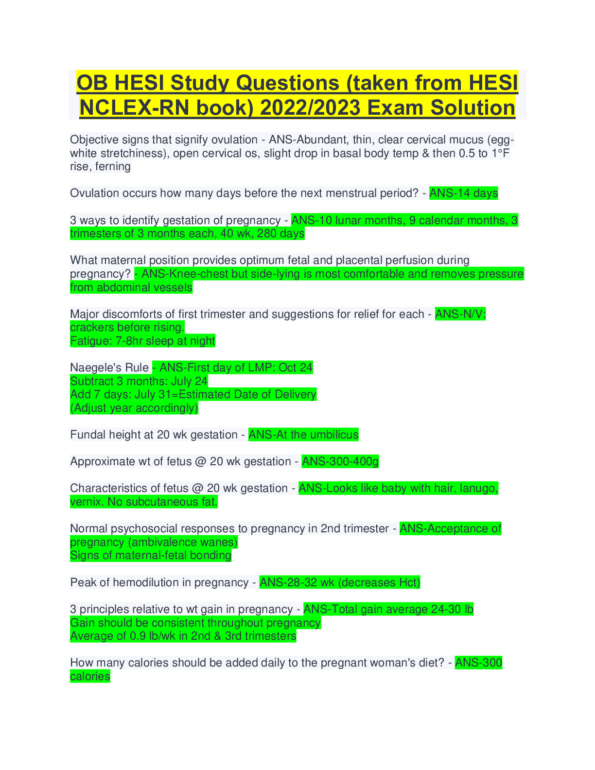 OB HESI Study Questions (taken from HESI NCLEX-RN book) 2022/2023 Exam Solution - Scholarfriends